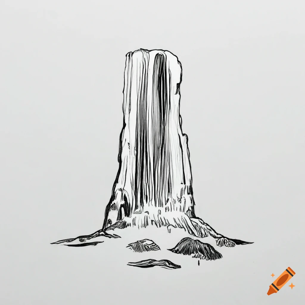 Minimalist waterfall in the middle of deep forest line drawing