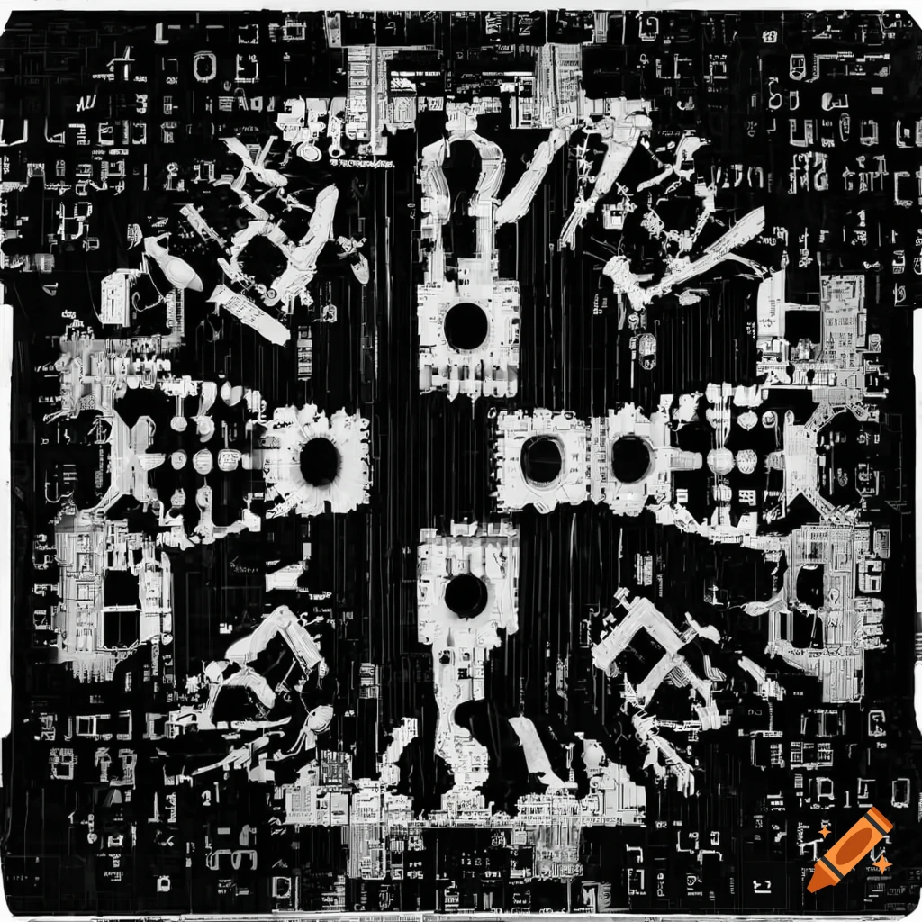 White digital code printed by structure's silhouettes on a black ...