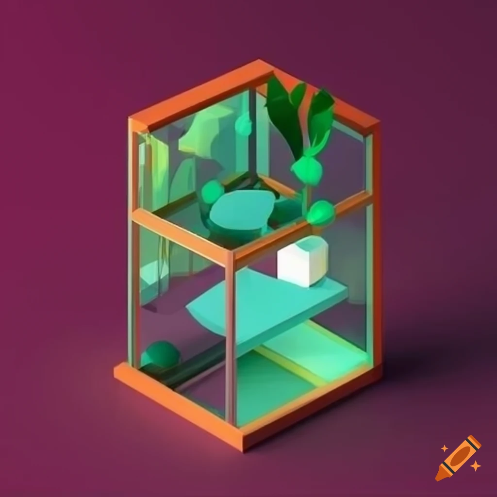 Isometric cube room with a tulip in a glass case