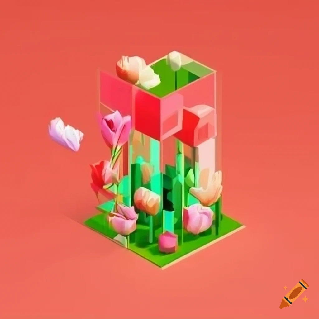 Glass isometric cube room with many tulips on Craiyon