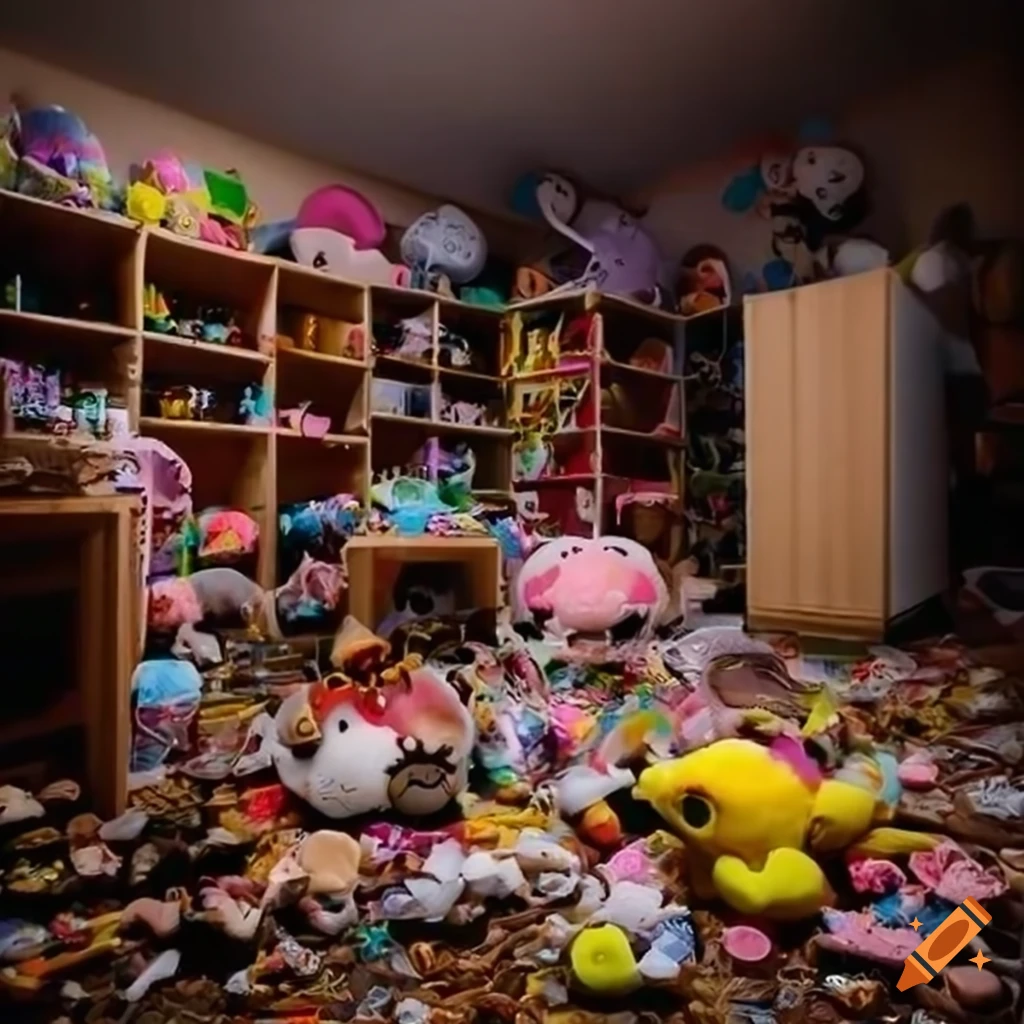 A messy, small, broken room with scattered plush toys including sanrio ...
