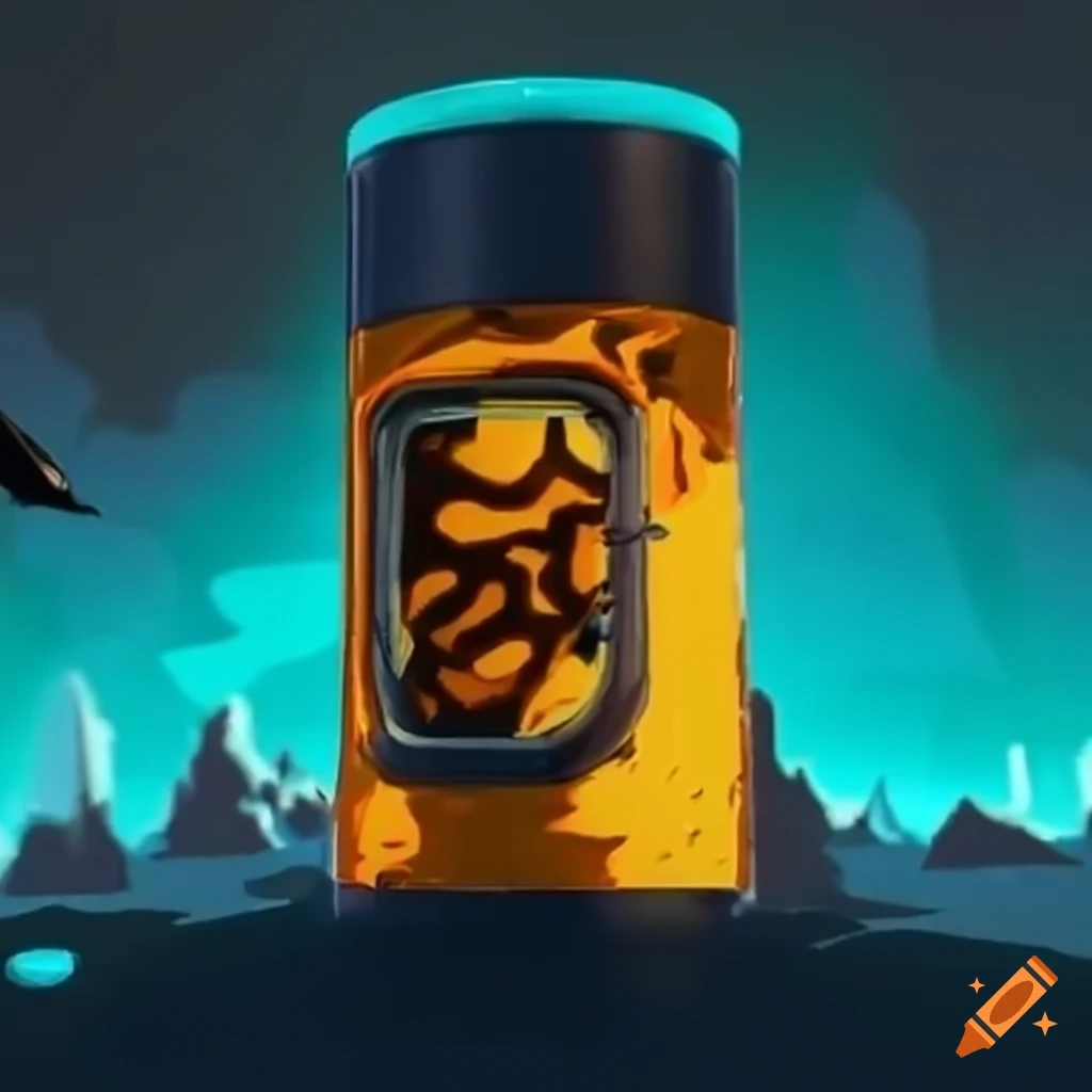 Mythrix from risk of rain 2 drinking a prime energy drink on Craiyon