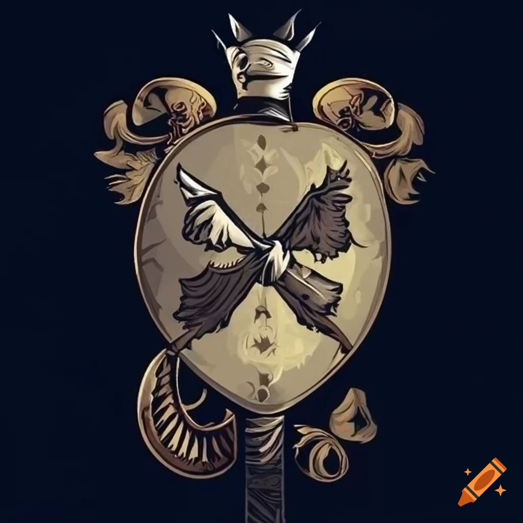 Medieval coat of arms with mace, longsword and shield, woodcut style