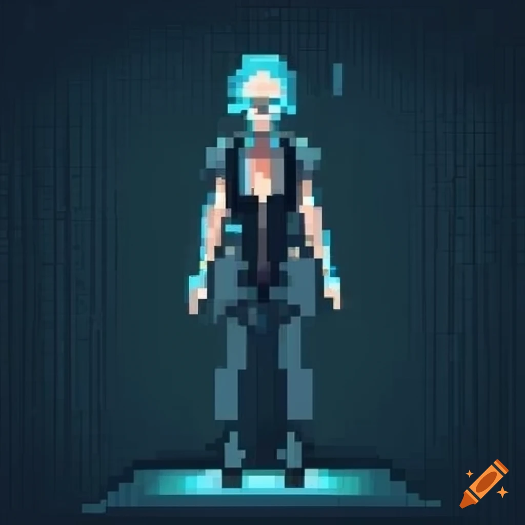 Pixel art human futuristic hacker full body seen from the side