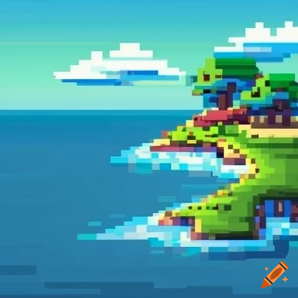 8-bit style island landscape with ocean surrounding on Craiyon