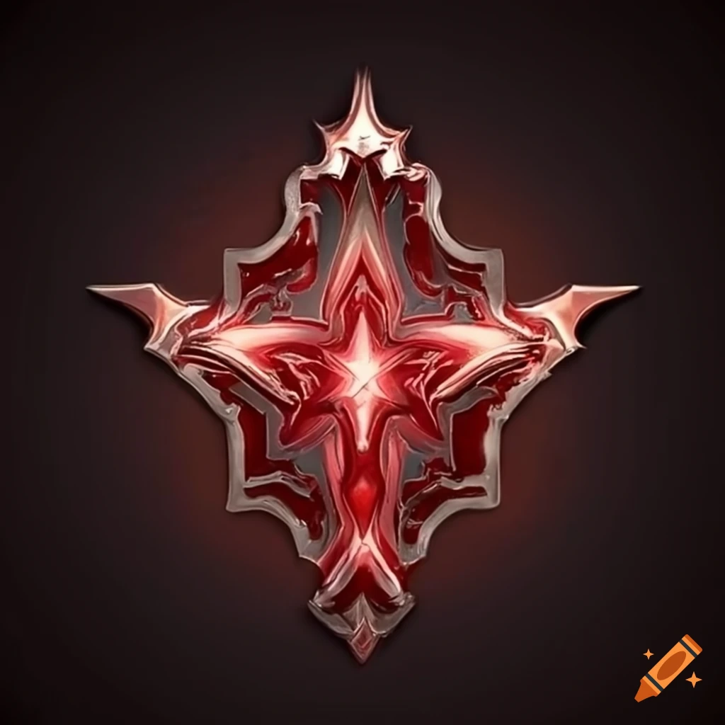 Simetric metallic crimson stell badge with sword and wings on Craiyon