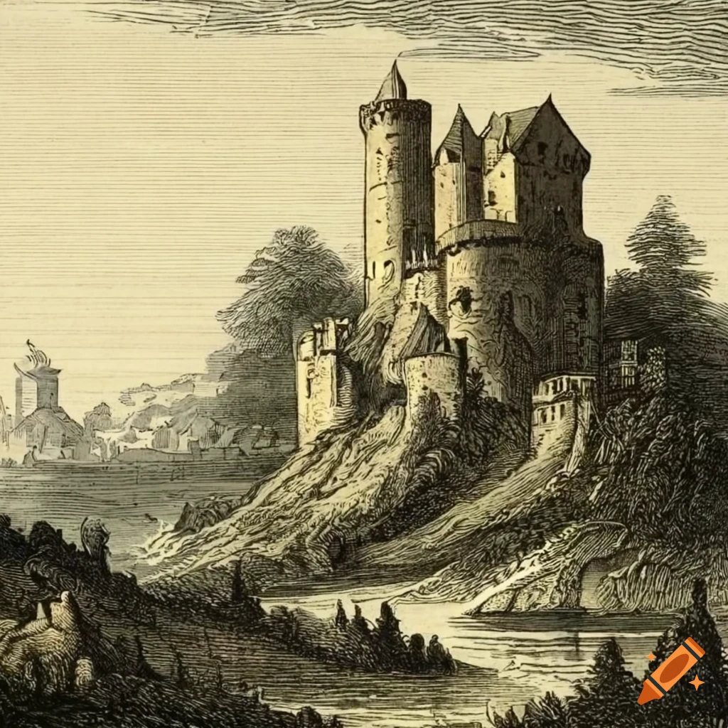 Old engraving of a medieval landscape with a castle