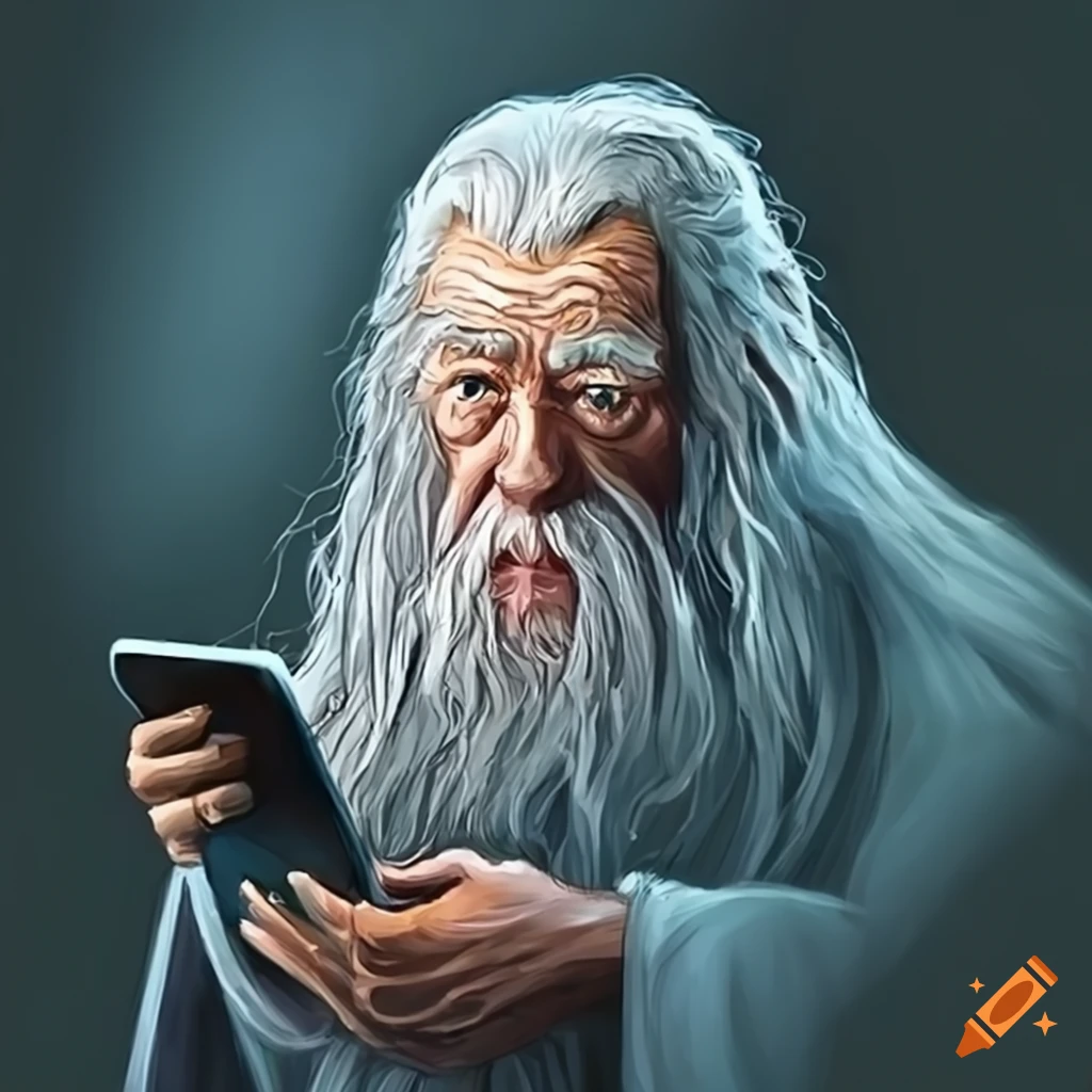 Gandalf using an ipad with an apple pencil