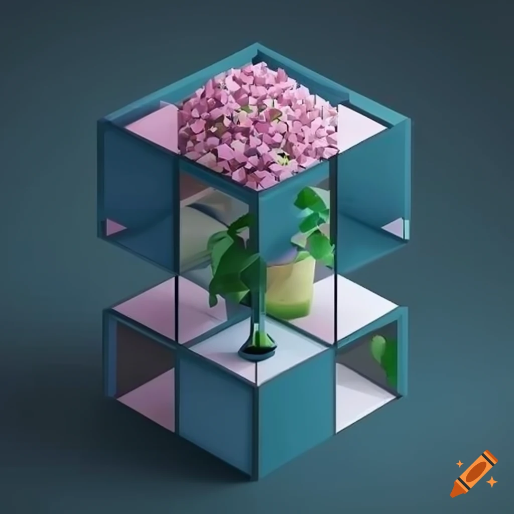 A soothing isometric room cube inspired by hydrangeas on Craiyon