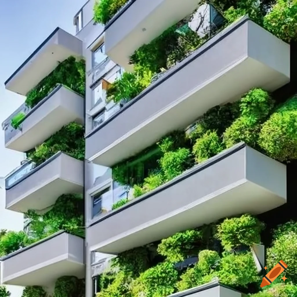 Sustainable urban housing featuring green balconies and vertical gardens