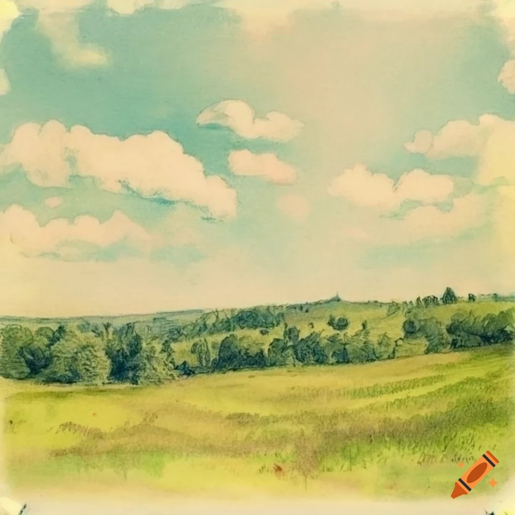 Vintage drawing in colour of a peaceful countryside summer landscape on ...