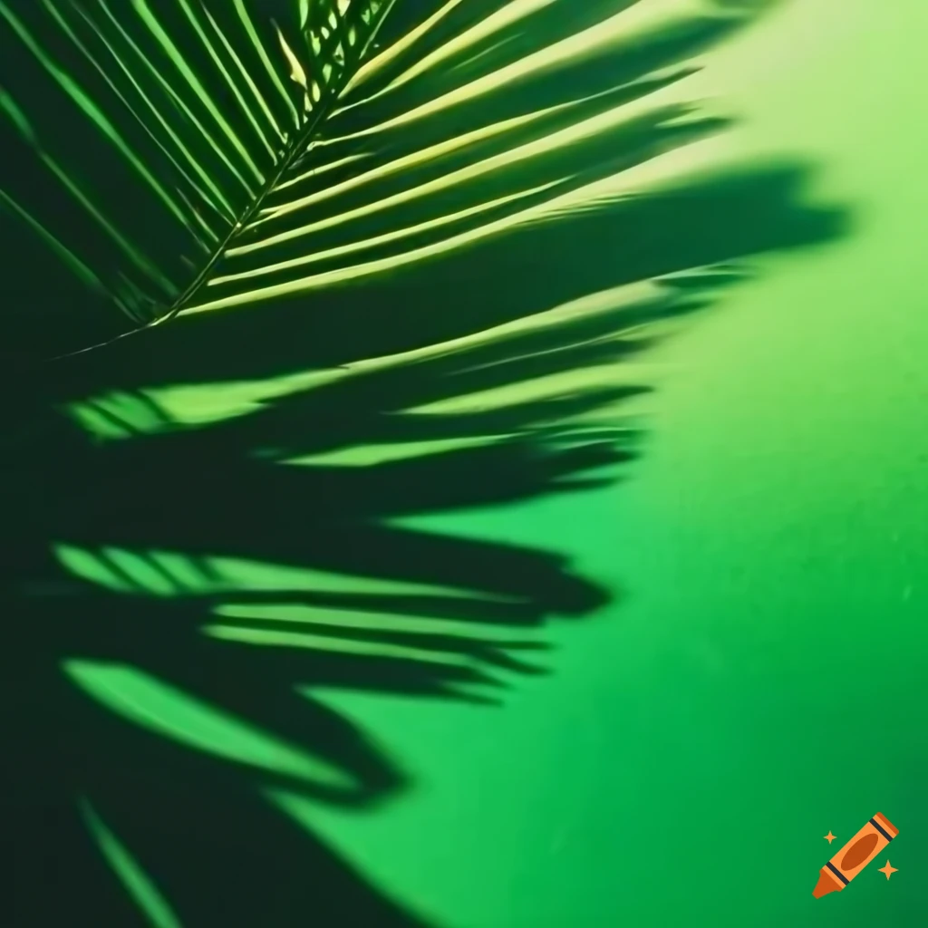 Sun reflections and palm leaf shadows on green background. closeup on ...