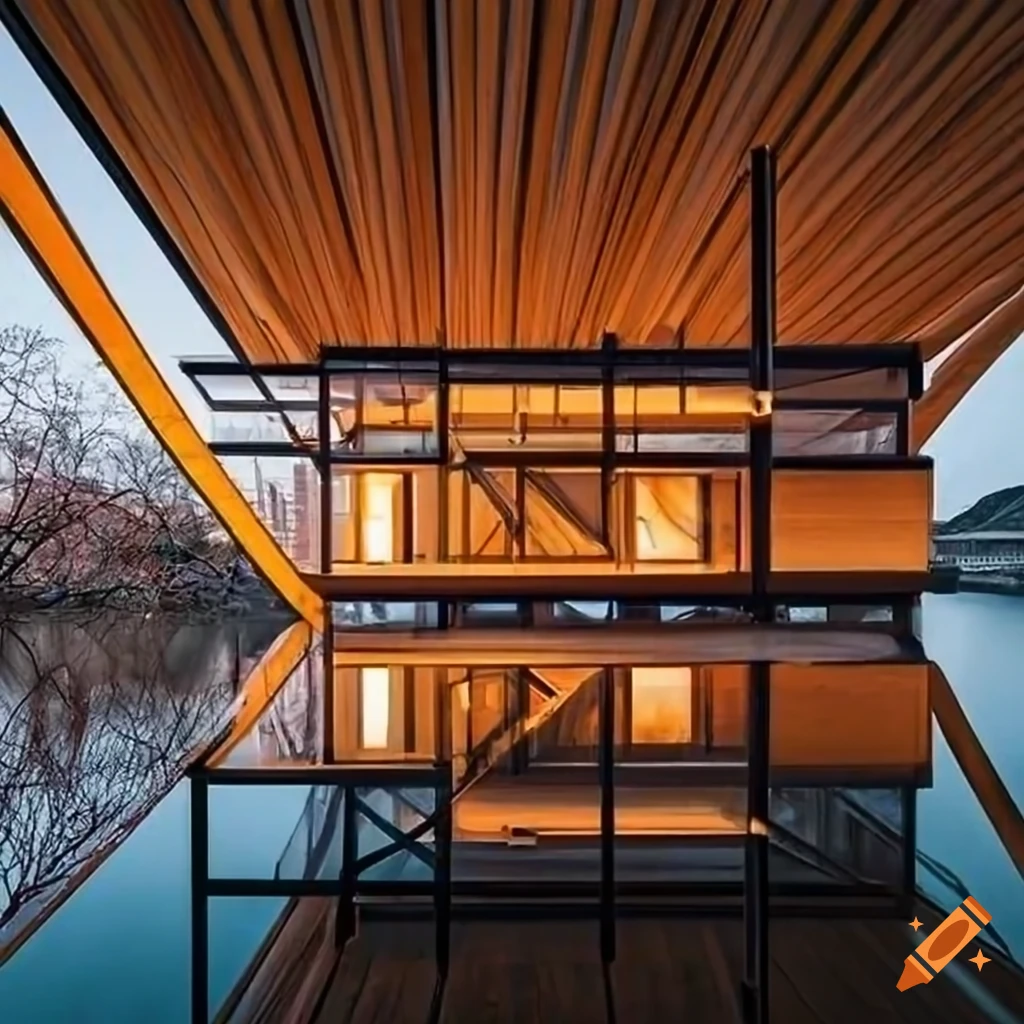 Exterior view of a riverside sleek japanese cafe made of colored glass ...