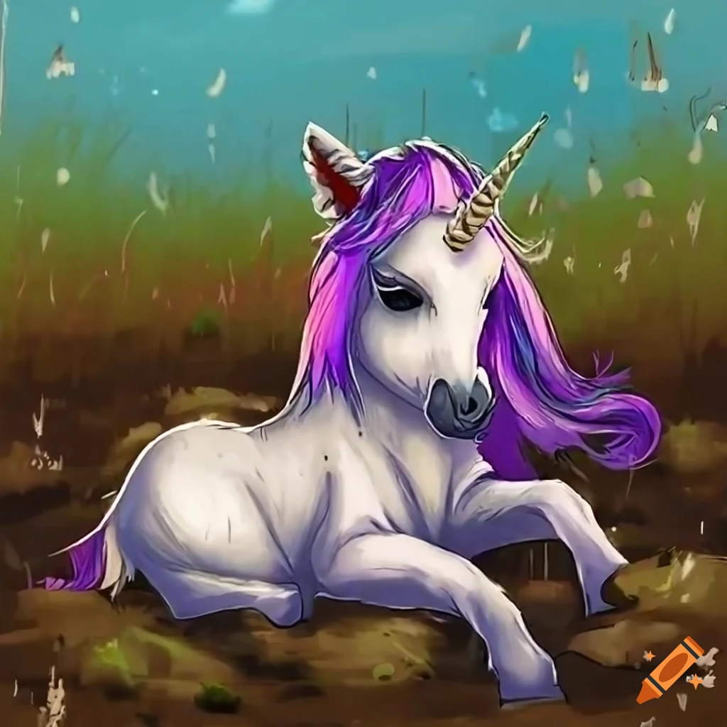 Realistic Anime Styled Tired Unicorn Foal Struggling To Get Out Of The realistic-anime-styled-tired-unicorn-foal-struggling-to-get-out-of-the