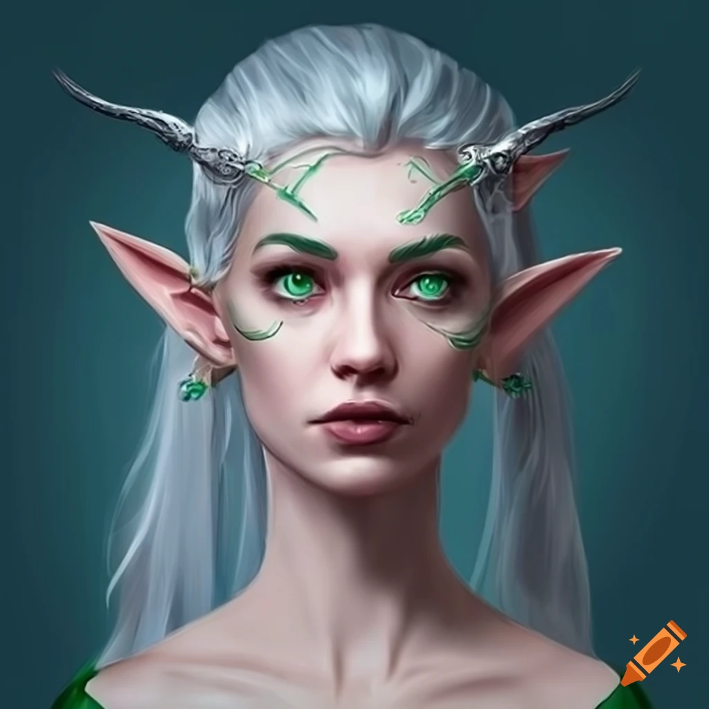 An elven woman with flowing silver hair that cascades down to her ...