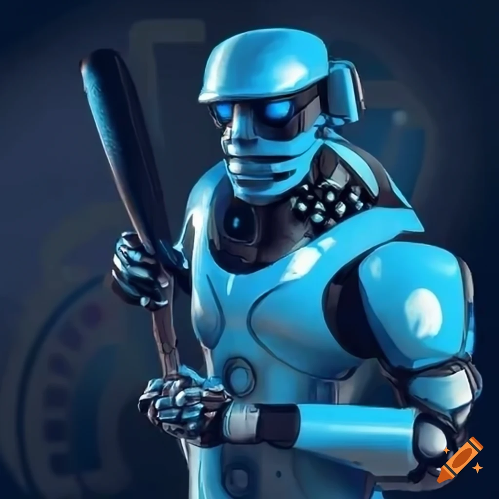 Futuristic baseball playing robot blue jersey holding baseball bat on ...
