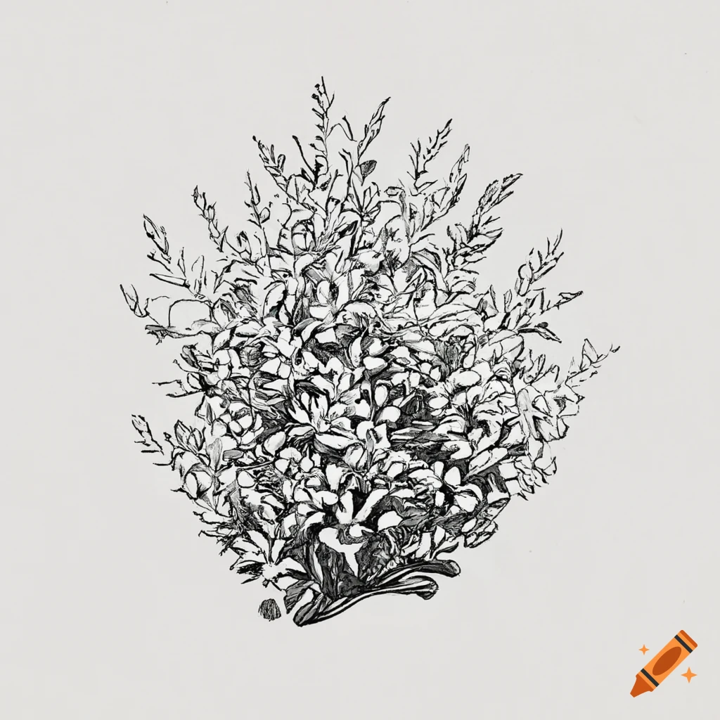 An illustrated grayscale white shrub bush in a garden by itself