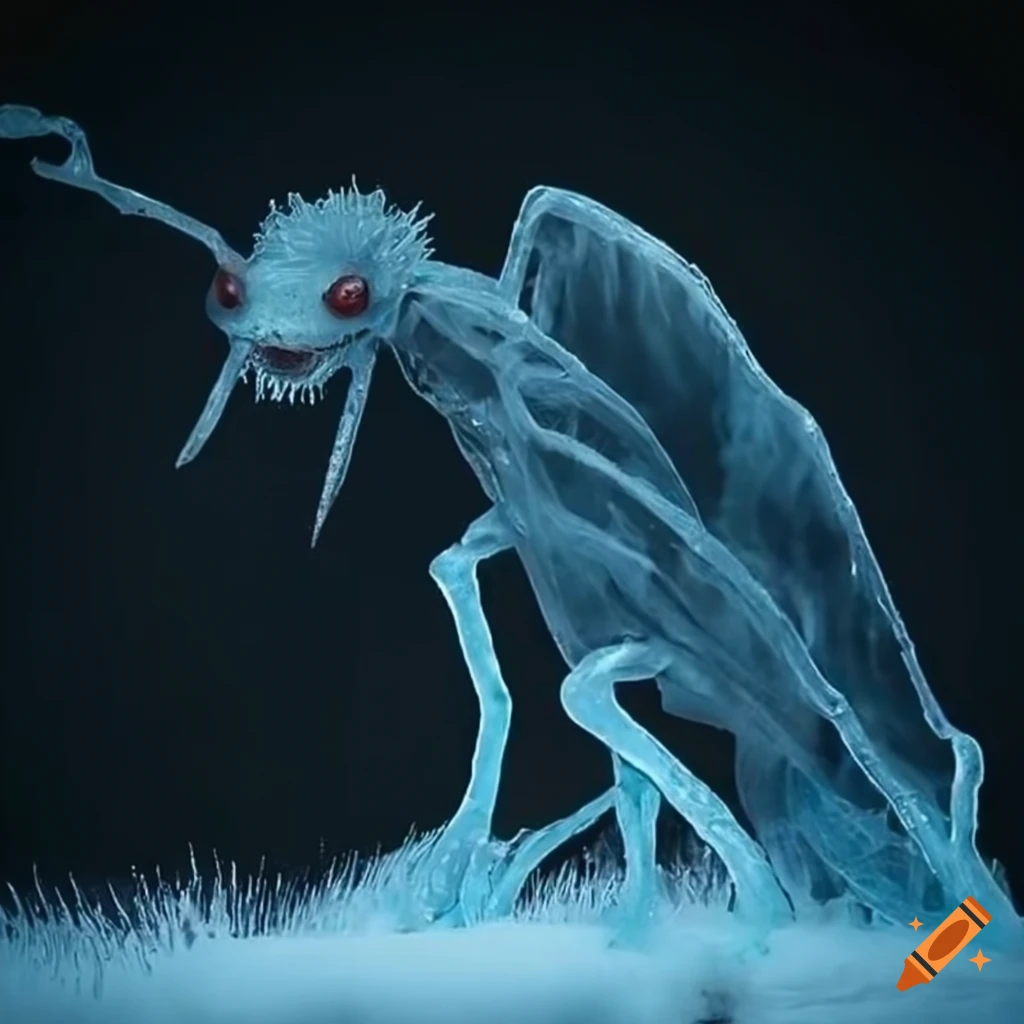 A scary ice beast made of thin transparent icicles. it's the shape of a ...