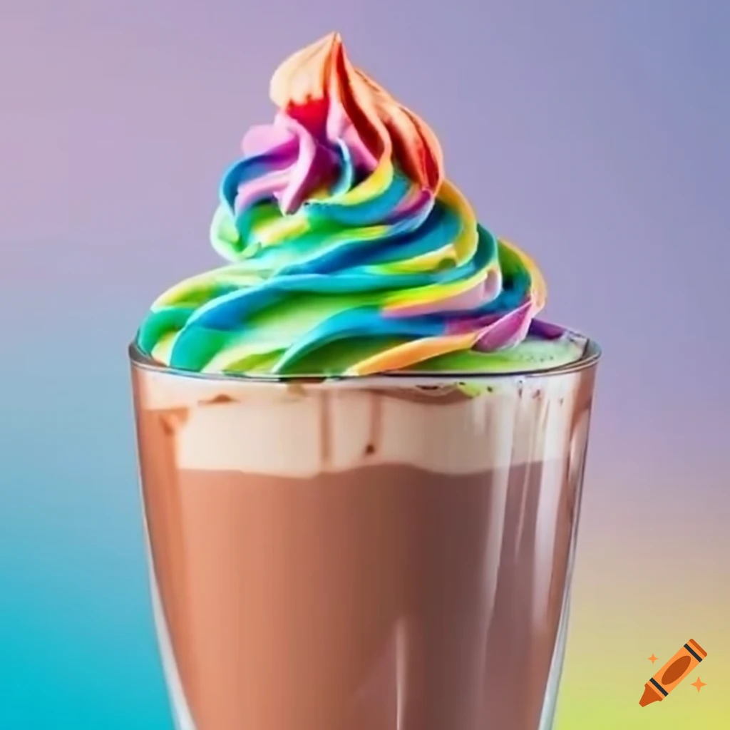 Hot chocolate in a glass with rainbow cream frosting on Craiyon