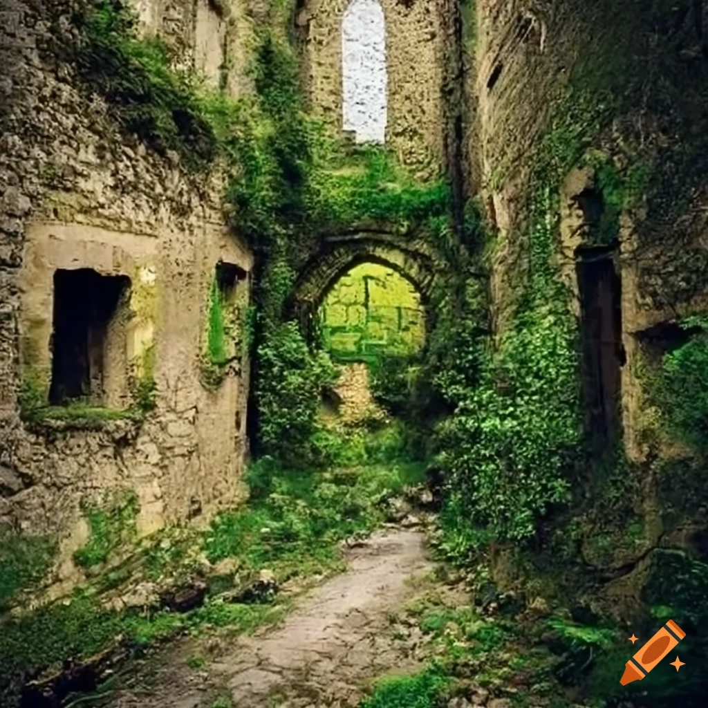 Overgrown ruins of Limoux village (France), reclaimed by nature after disaster, and with Aude ...
