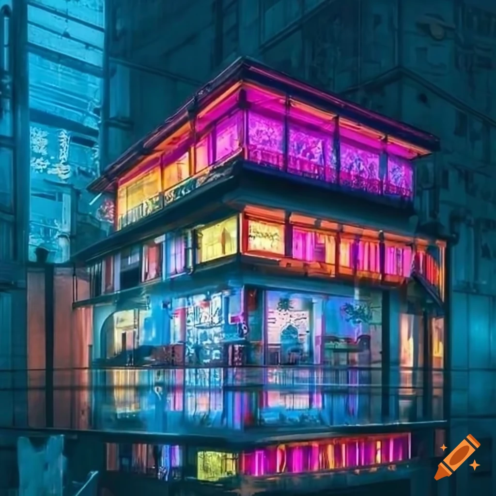 Exterior view of a Riverside cyberpunk Japanese cafe made of colored ...