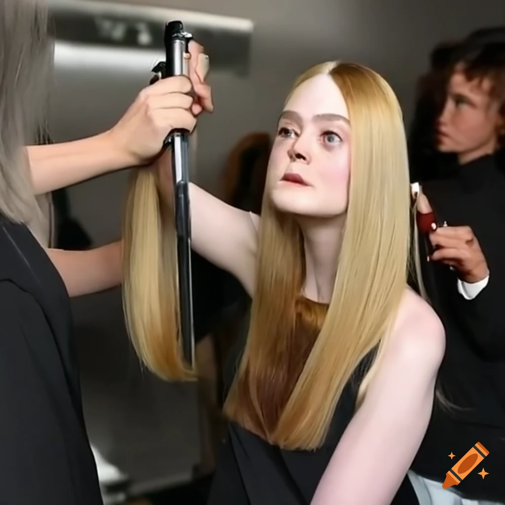 Elle Fanning getting her long, straight hair trimmed by a stylist while ...