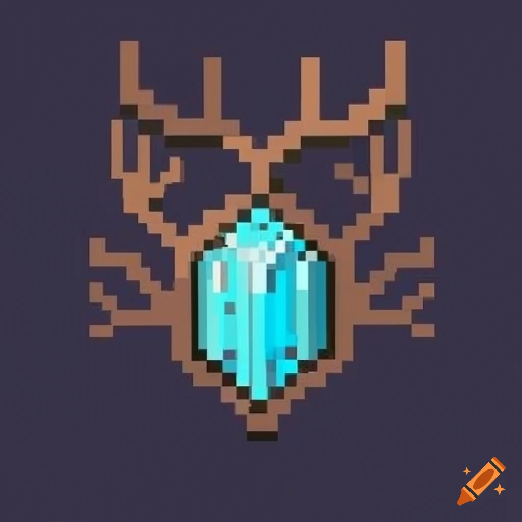 A stylized, pixel art logo of a gothic gem being held by deer antlers ...