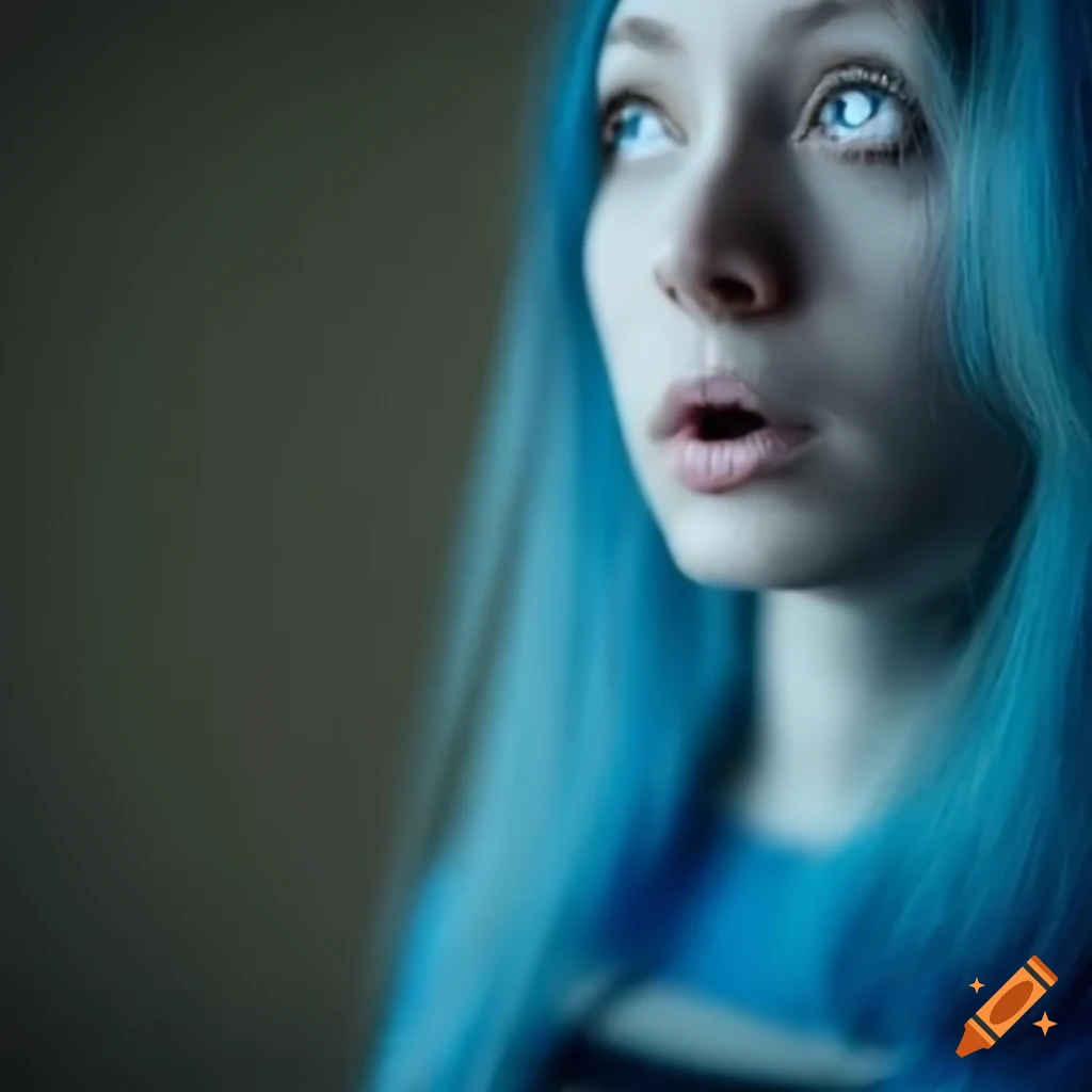 Attractive blue hair girl looking up in fear