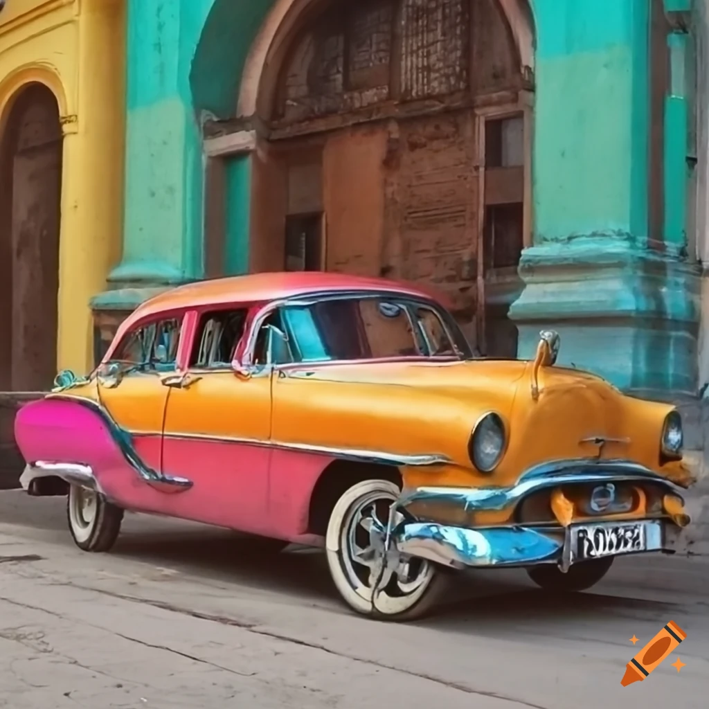 Cool cuba cars / bright tropical colors / people on the street