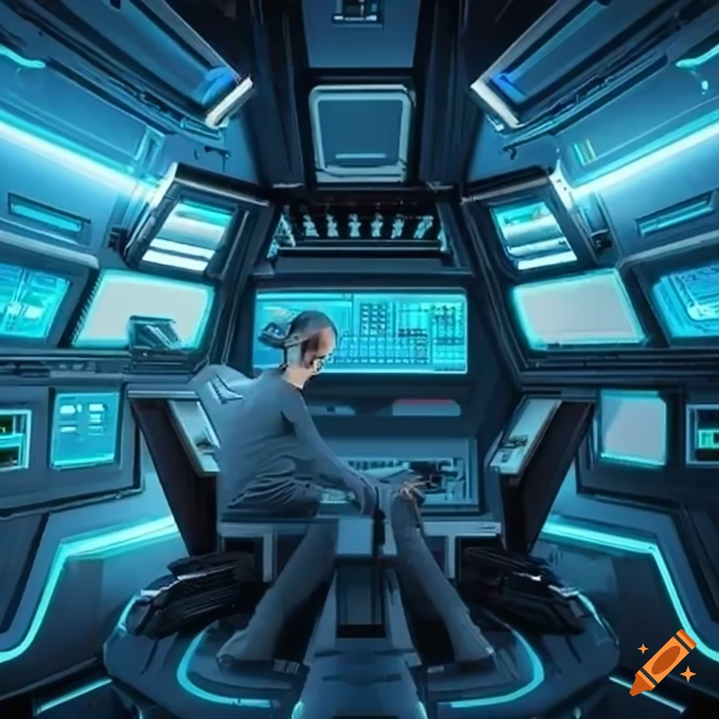 A futuristic spaceship control center with a technician monitoring systems