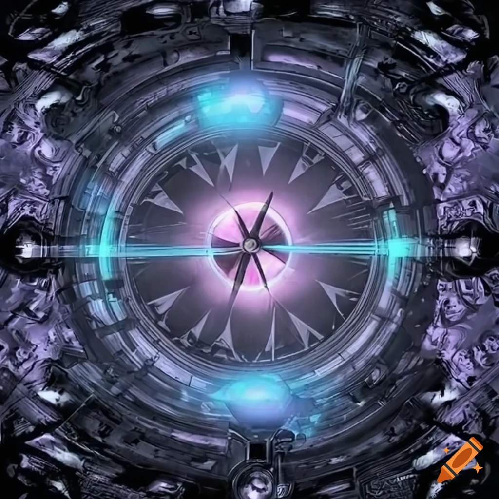 A futuristic compass rose surrounded by electric currents in black and ...