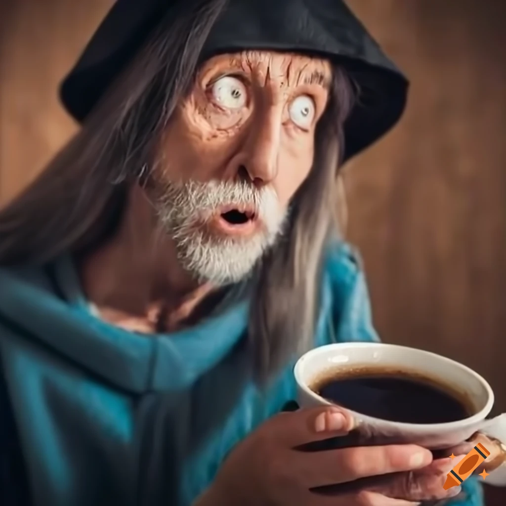 Close up of a shocked wizard with a cup of coffee on Craiyon