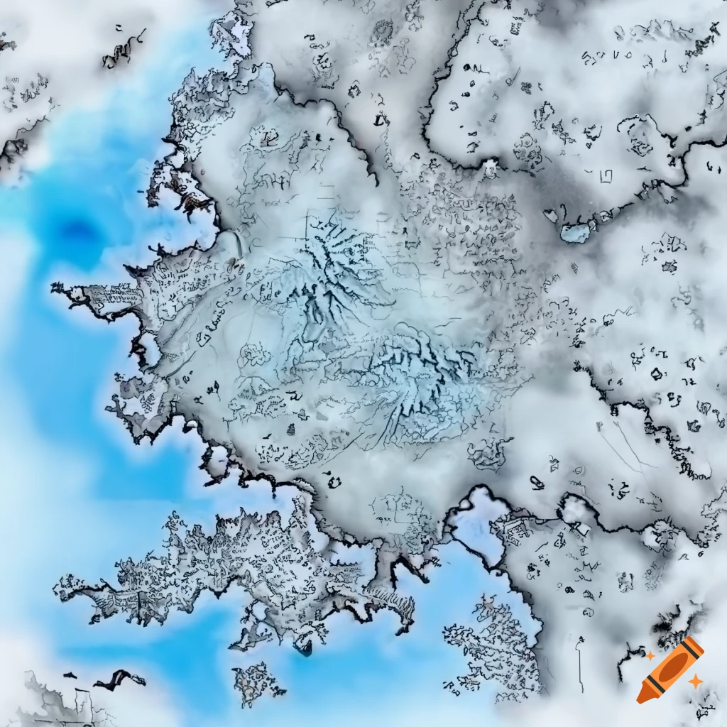 A fantasy map in cold icy colours, a frosty frozen landscape on Craiyon