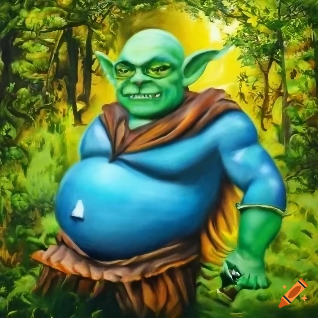 Bald fat goblin with a large belly posing heroically before a magical ...