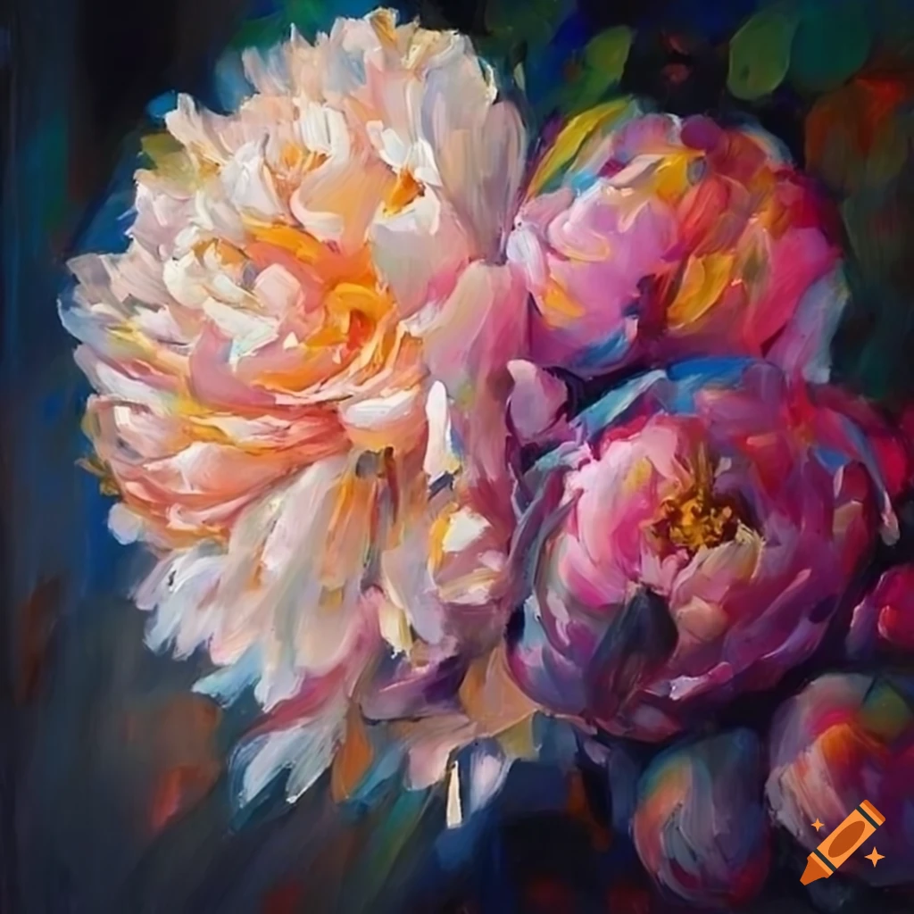 Impressionist painting of peonies full of light and color