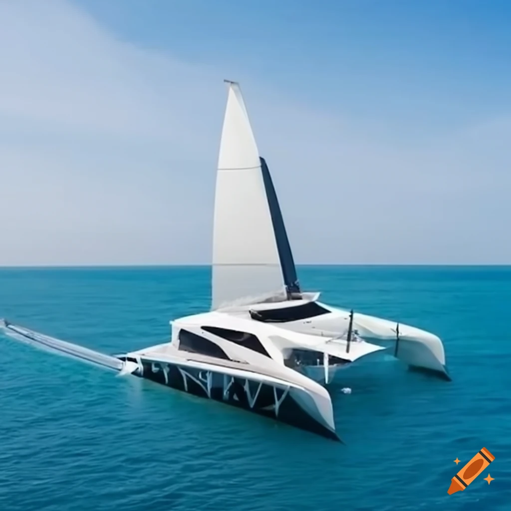 A futuristic catamaran sailing gracefully near a picturesque island on ...
