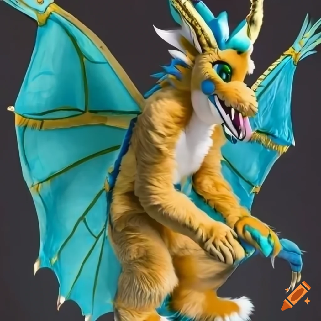 Fursuit of a golden colored anthro dragon with cyan wings