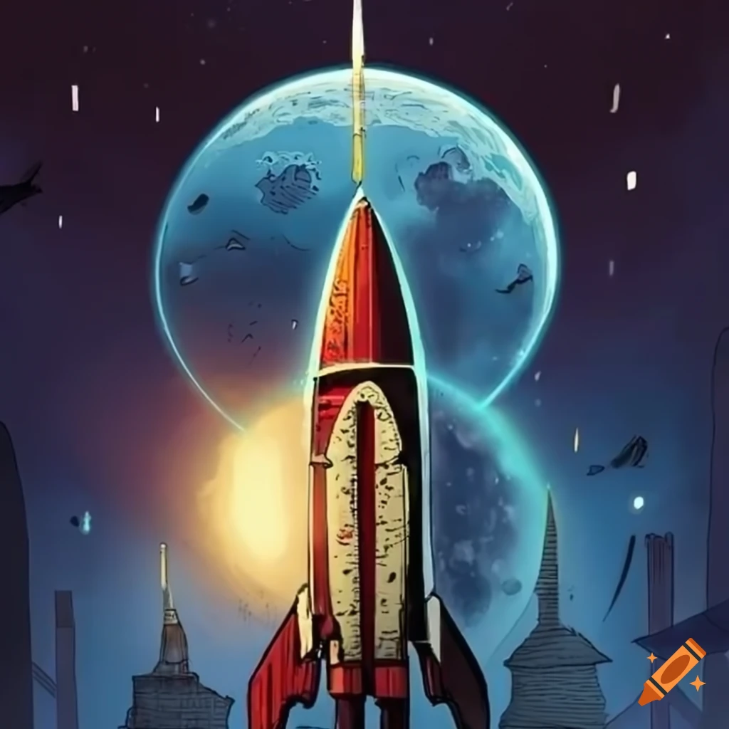 Create an extremely detailed surreal moon rocket in comic style