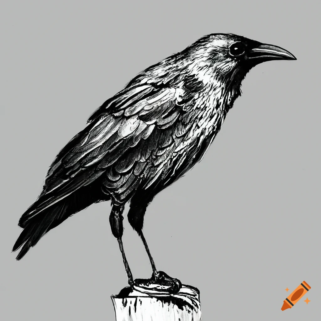 A black crow sitting on a stick black-white on Craiyon