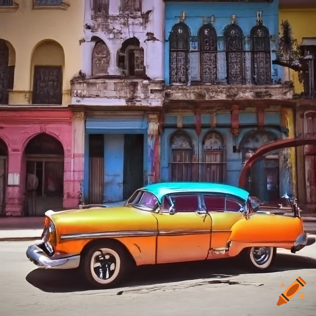 Cool cuba cars / bright tropical colors / people on the street