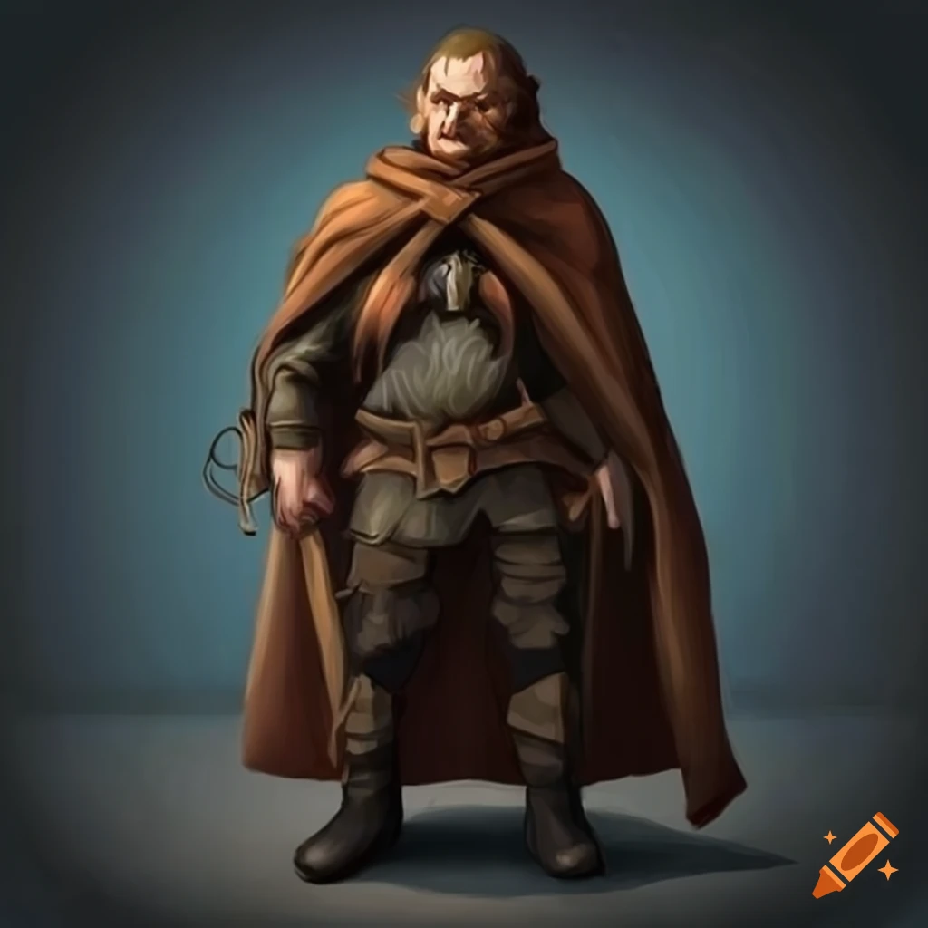 Half dwarf young man wearing a dark cloak with a brown rucksack on Craiyon