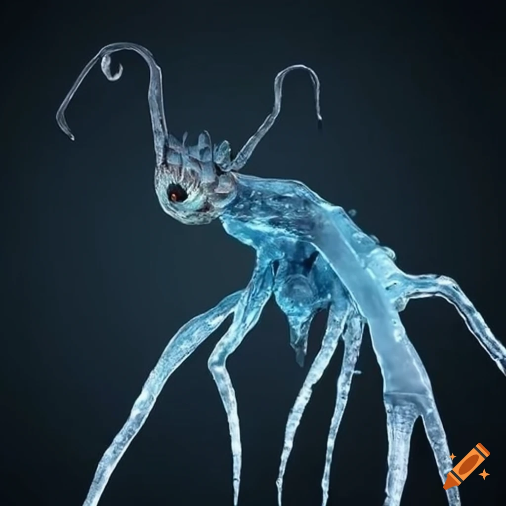 A scary ice beast made of thin transparent icicles. it's the shape of a ...