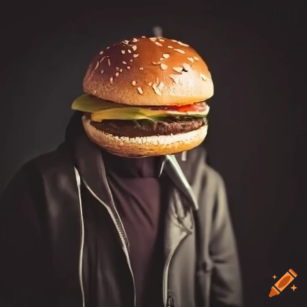 Man with burger head wearing jacket
