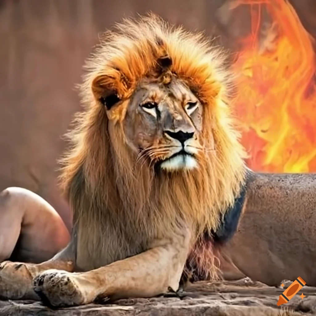 A firey lion protecting a woman on Craiyon