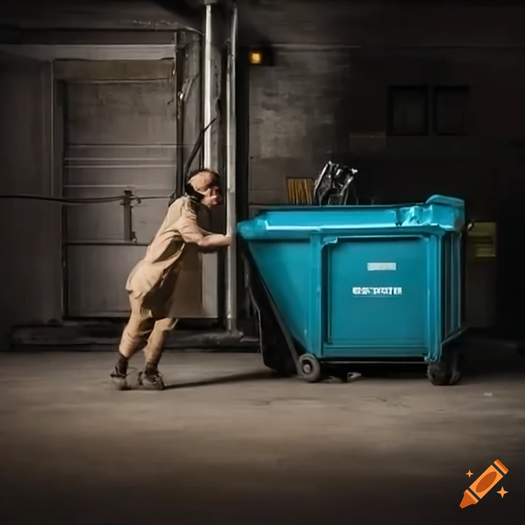 A man pushing a wheeled garbage container in an underground garage