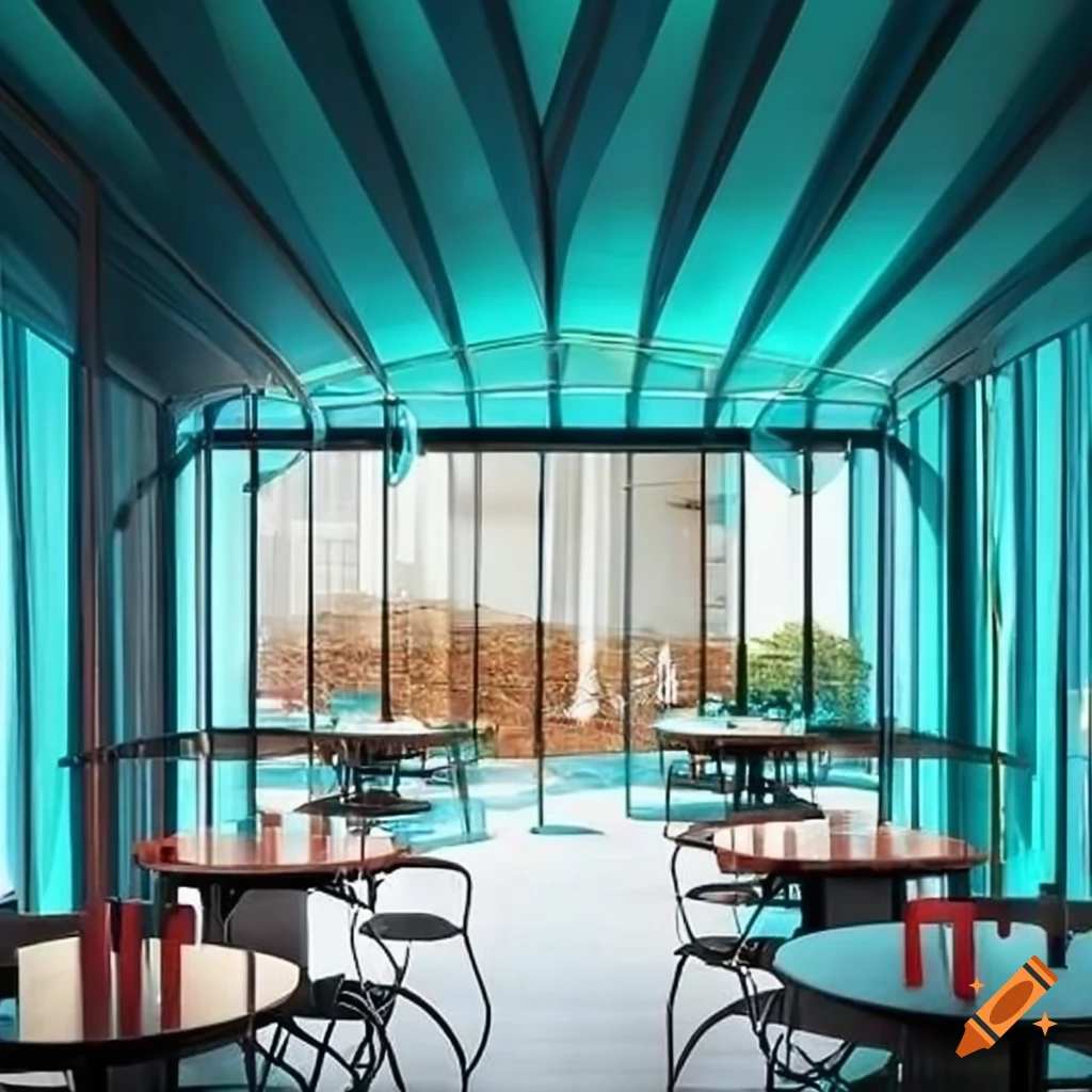 Riverside scandinavian cafe made of colored glass, sculptural fabric ...