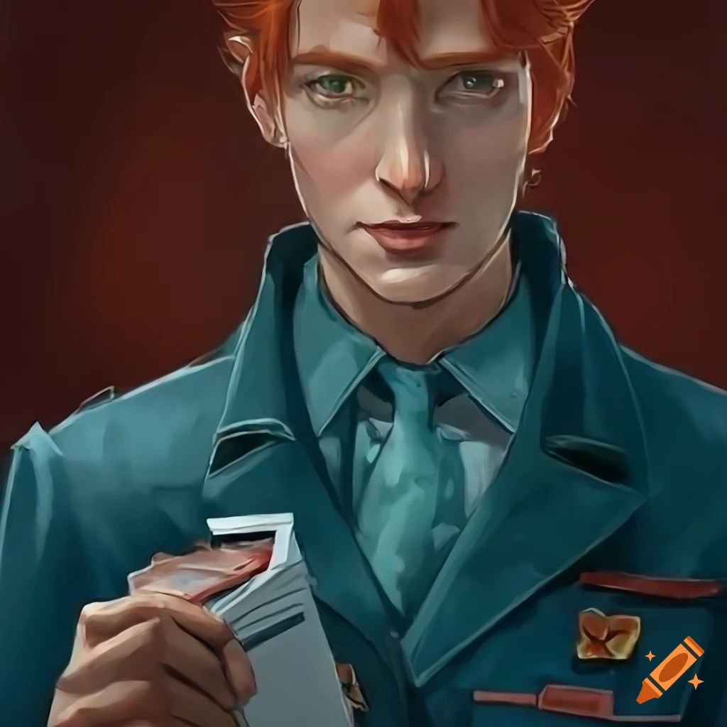 Mailman, wearing uniform, male, irish, happy, has red hair,anime ...