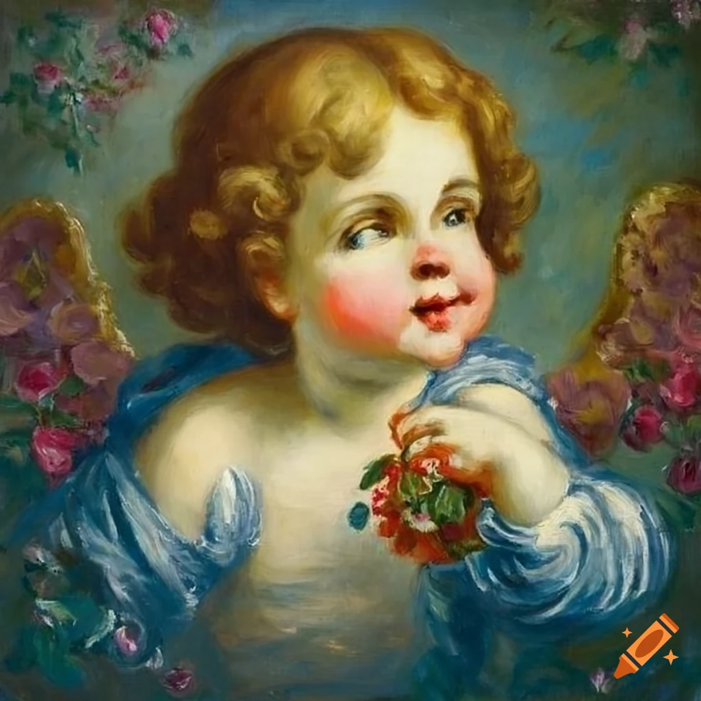 A cherub with wings, surrounded by blooming roses in a monet-style ...