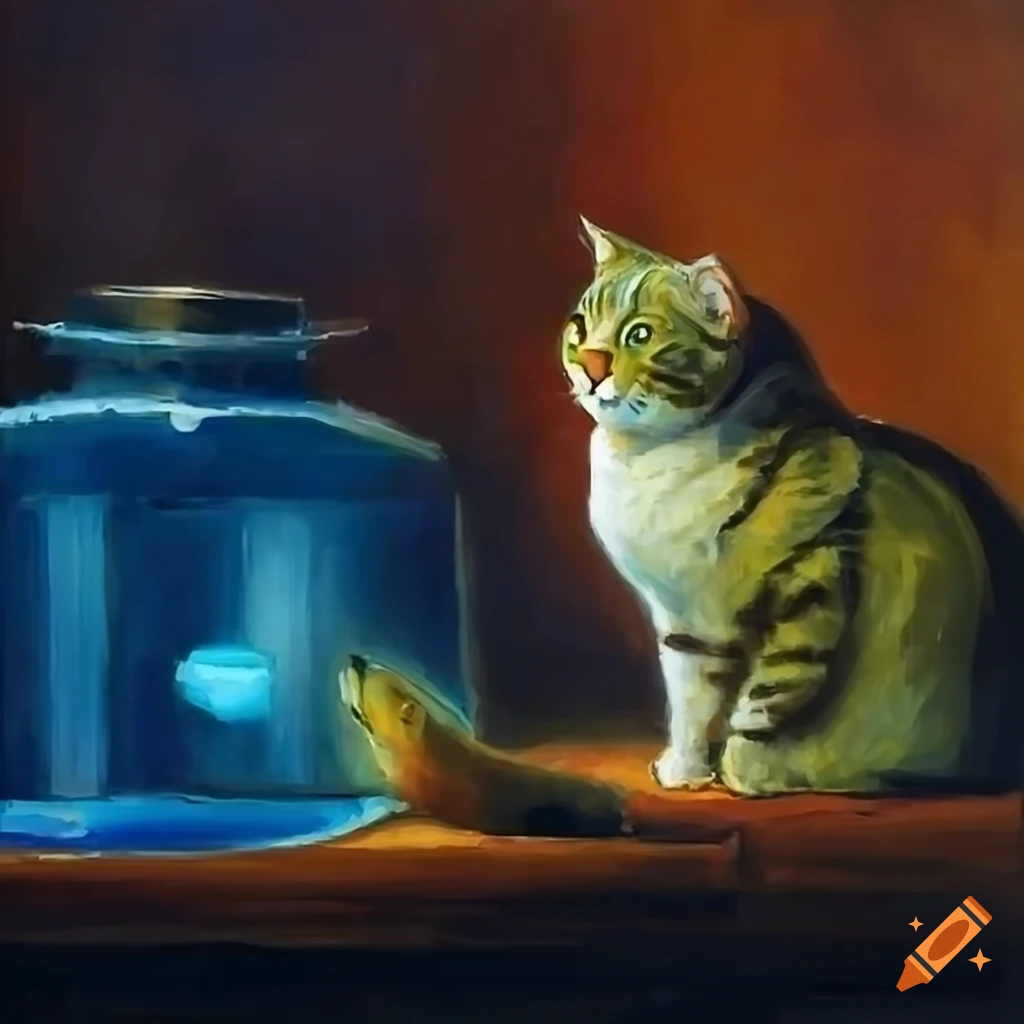 Cat looking to a fishtank with blue lighting. Painting by Edward Hopper ...