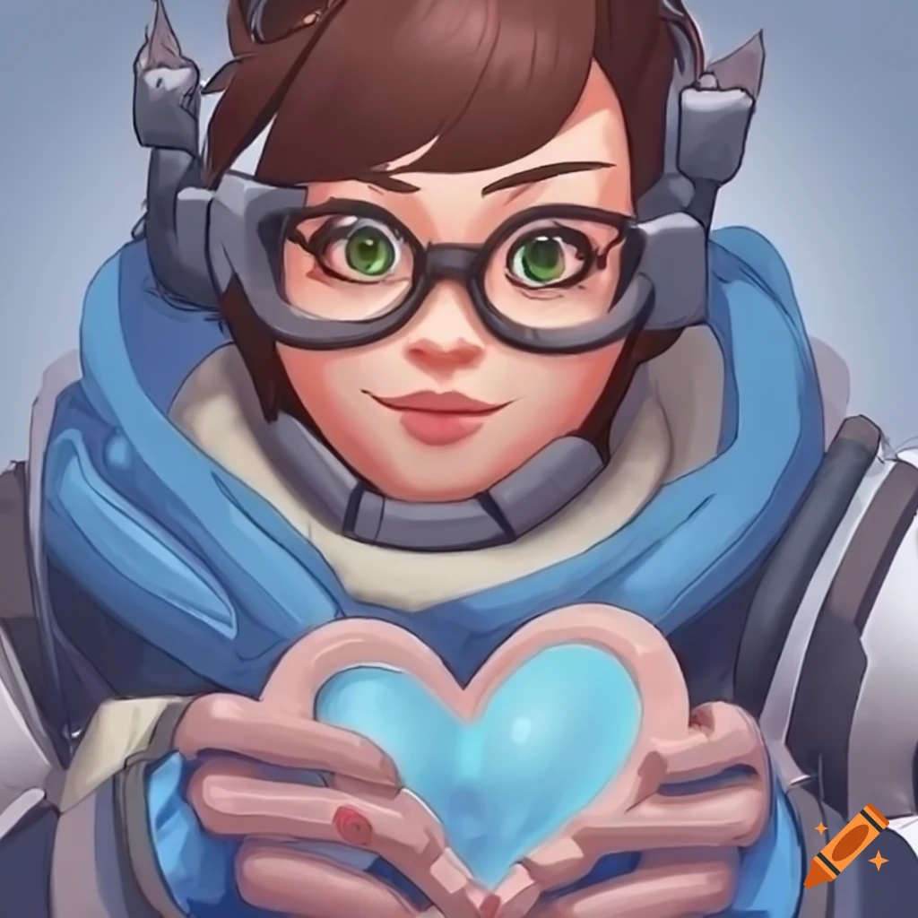 Mei, a character from overwatch, holding a heart-shaped ice block